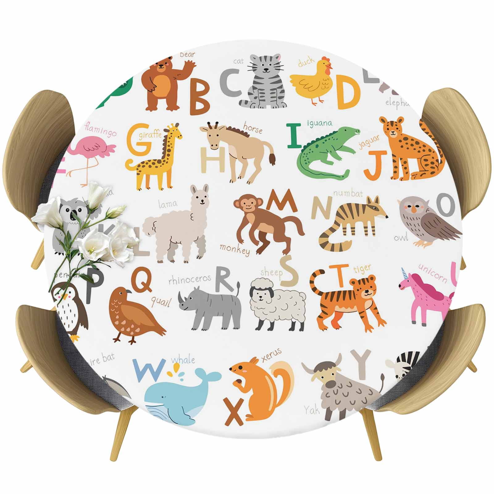 Animals Alphabetes Round Tablecloth, Fitted Table Cover with Elastic ...