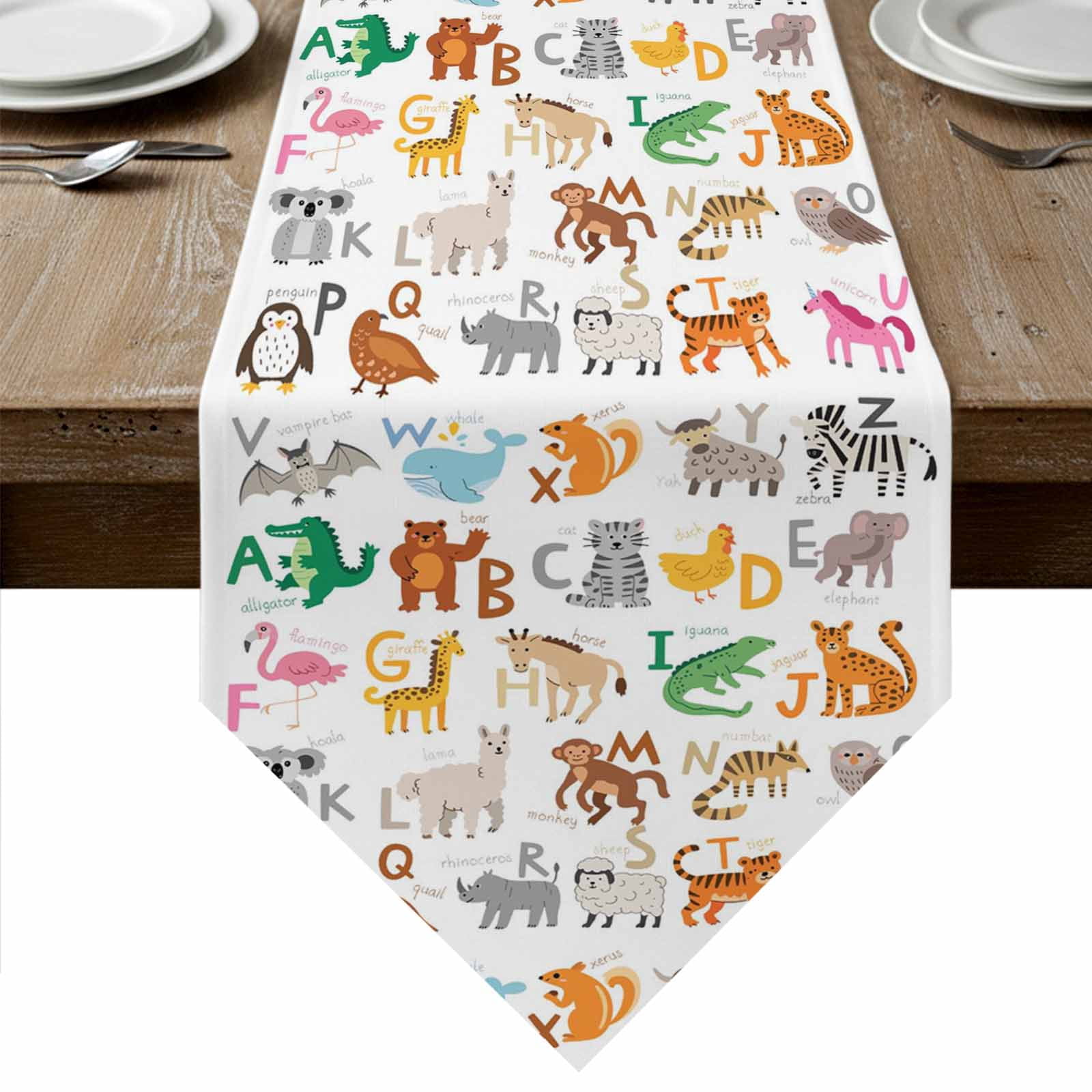 Animals Alphabetes Table Runner Linen Burlap Table Runner 60 Inches ...