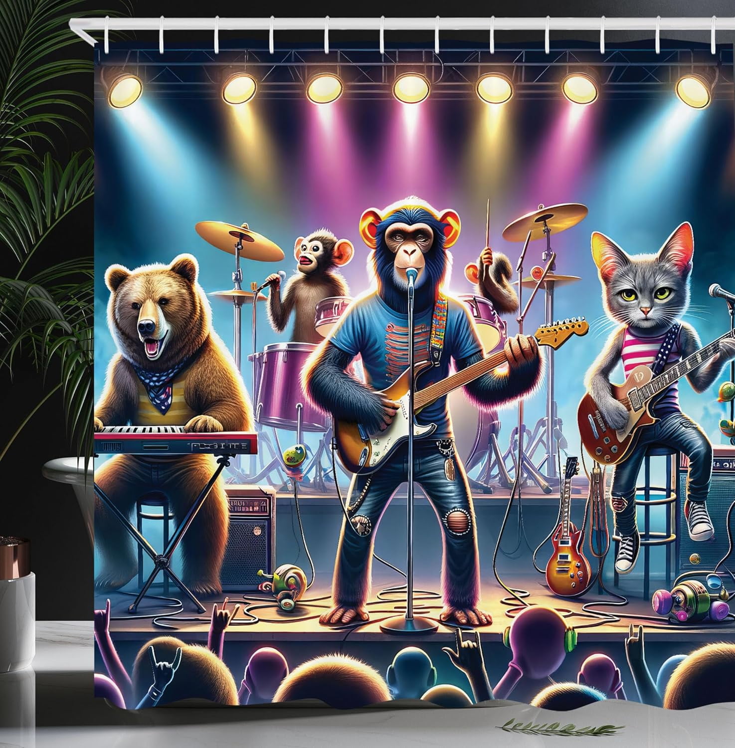 Animals Band Shower Curtain, Whimsical Concert Monkey with Keyboardist ...