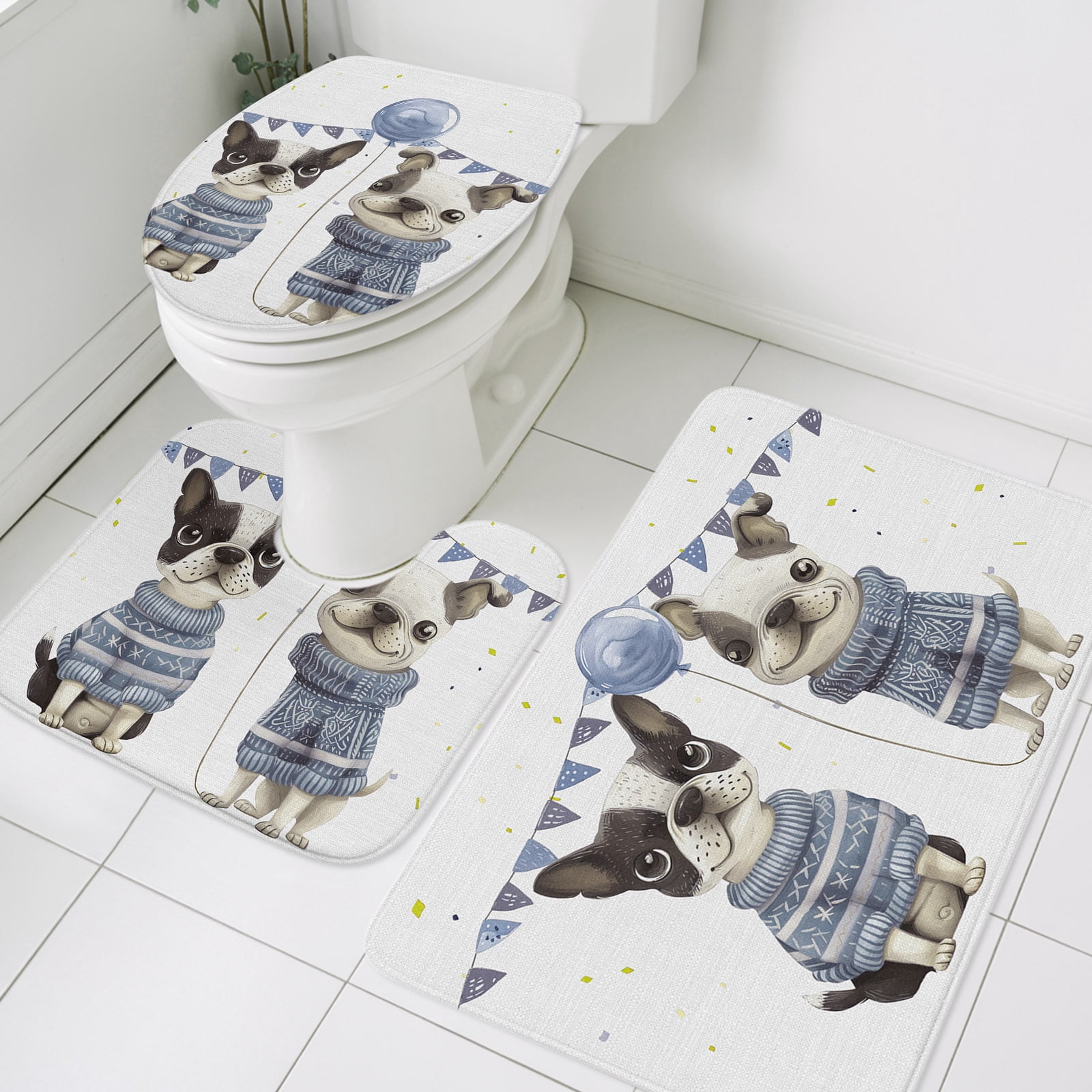 Animals Bathroom Rugs Set Pets DogsBalloons Flags Sweaters Blue Linen ...