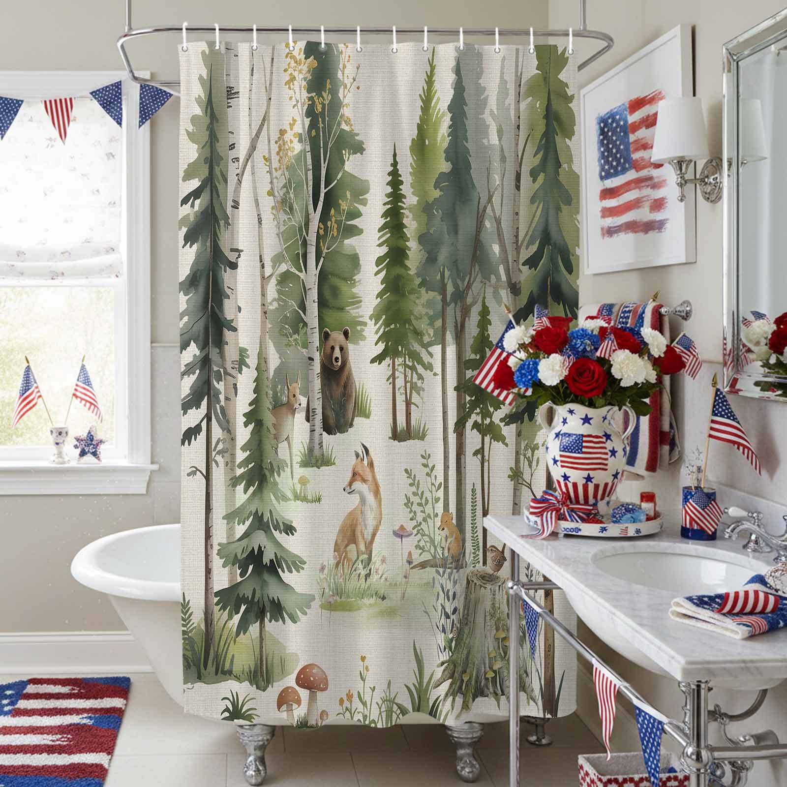 Animals Bear Deer Fox Rabbit Shower Curtain for Bathroom, Retro Tree on ...