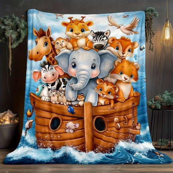 Animals on Boat Flannel Throw Blanket - 280gsm Lightweight, Soft & Warm ...