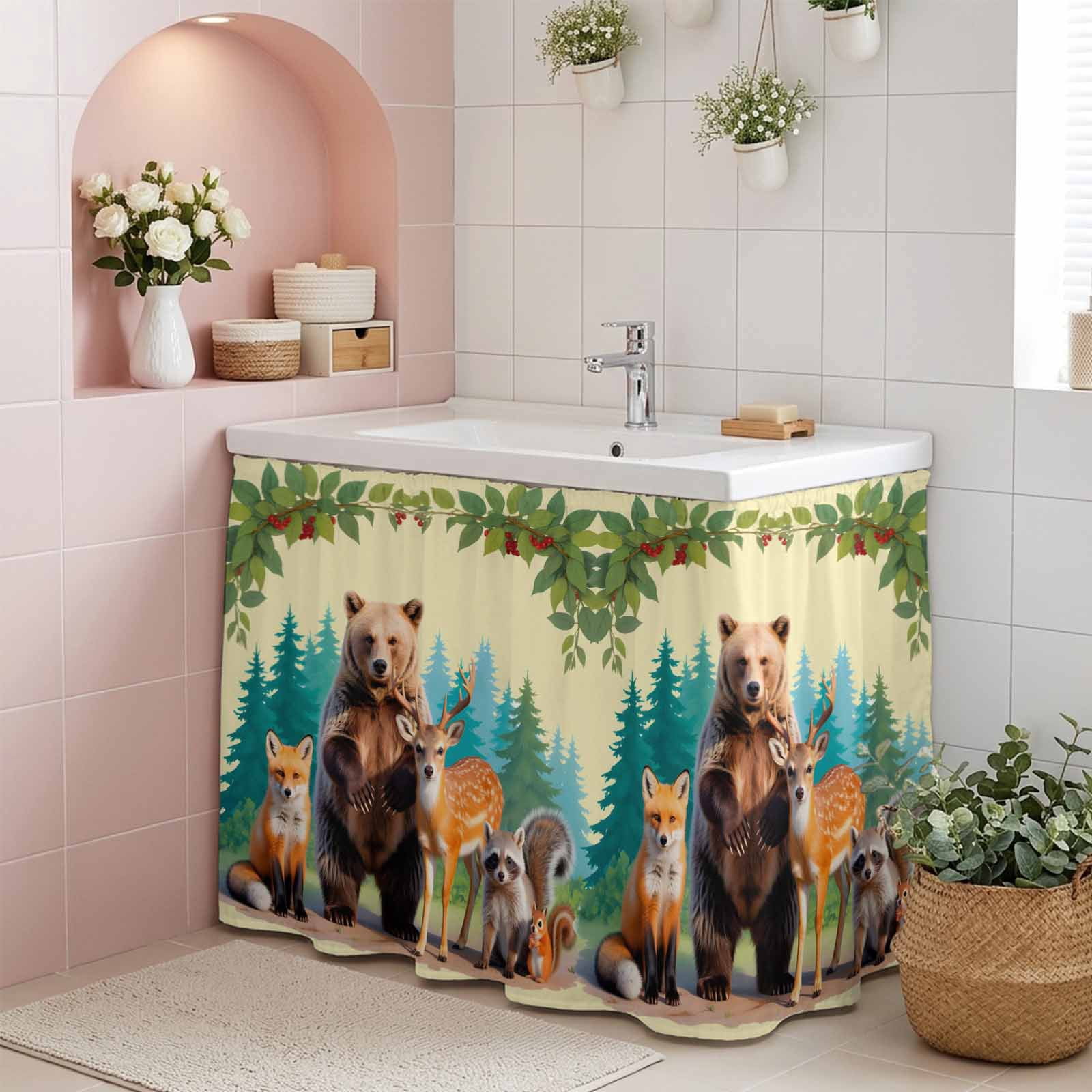Animals Cabinet Curtains 35"Wx35"L, Forest Bear Fox Deer Raccoon ...