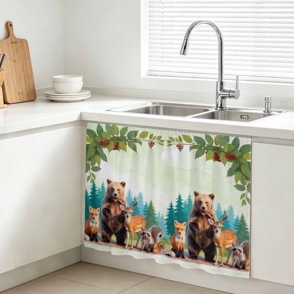 Animals Cabinet Curtains for Kitchen 10"W x 11"L, Forest Bear Fox Deer ...