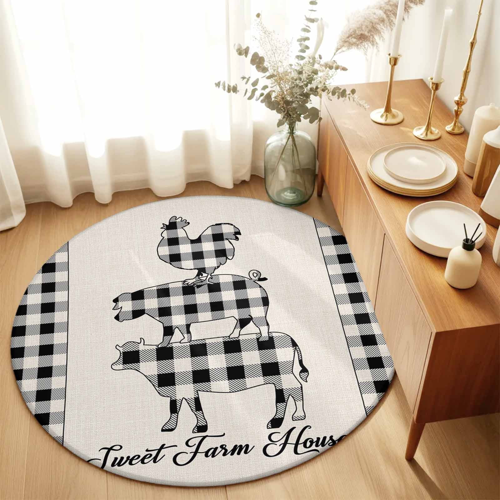 Animals Cow Pig Chicken Black Buffalo Plaid Round Area Rug 3ft,Living ...