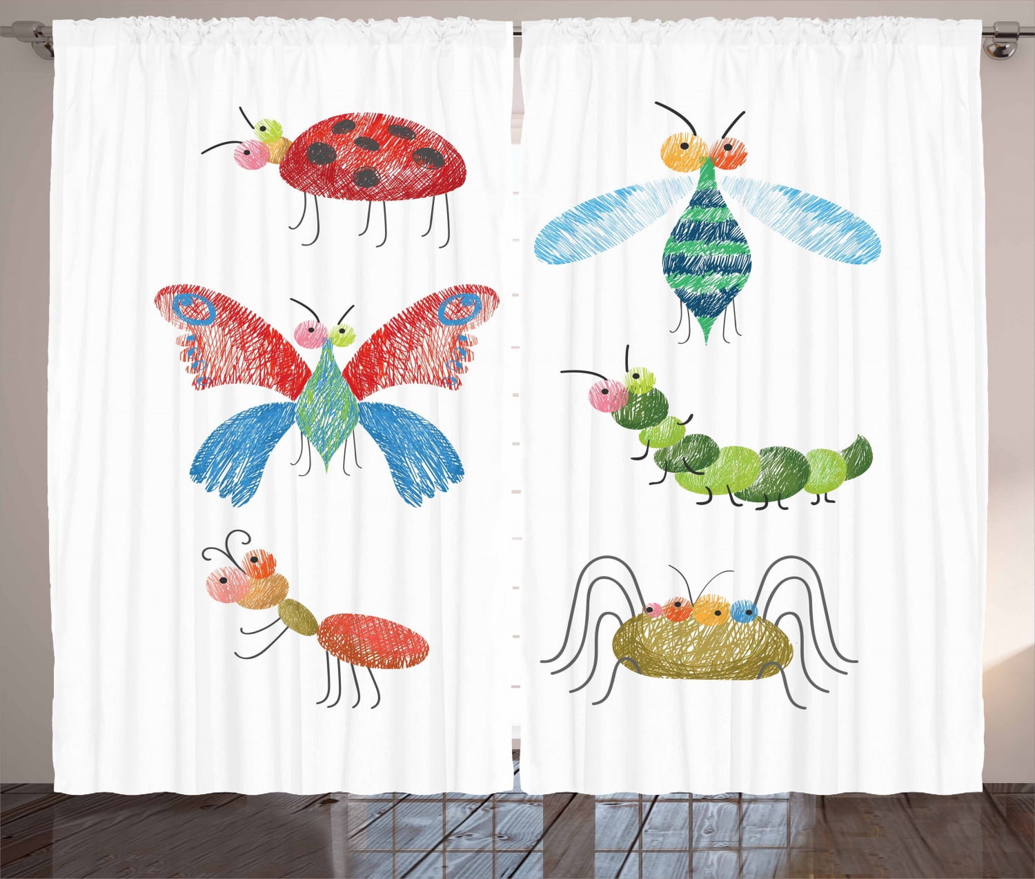 Ambesonne Animals Curtains 2 Panel Set, Hand Drawn Bug Pattern, 108" x ...