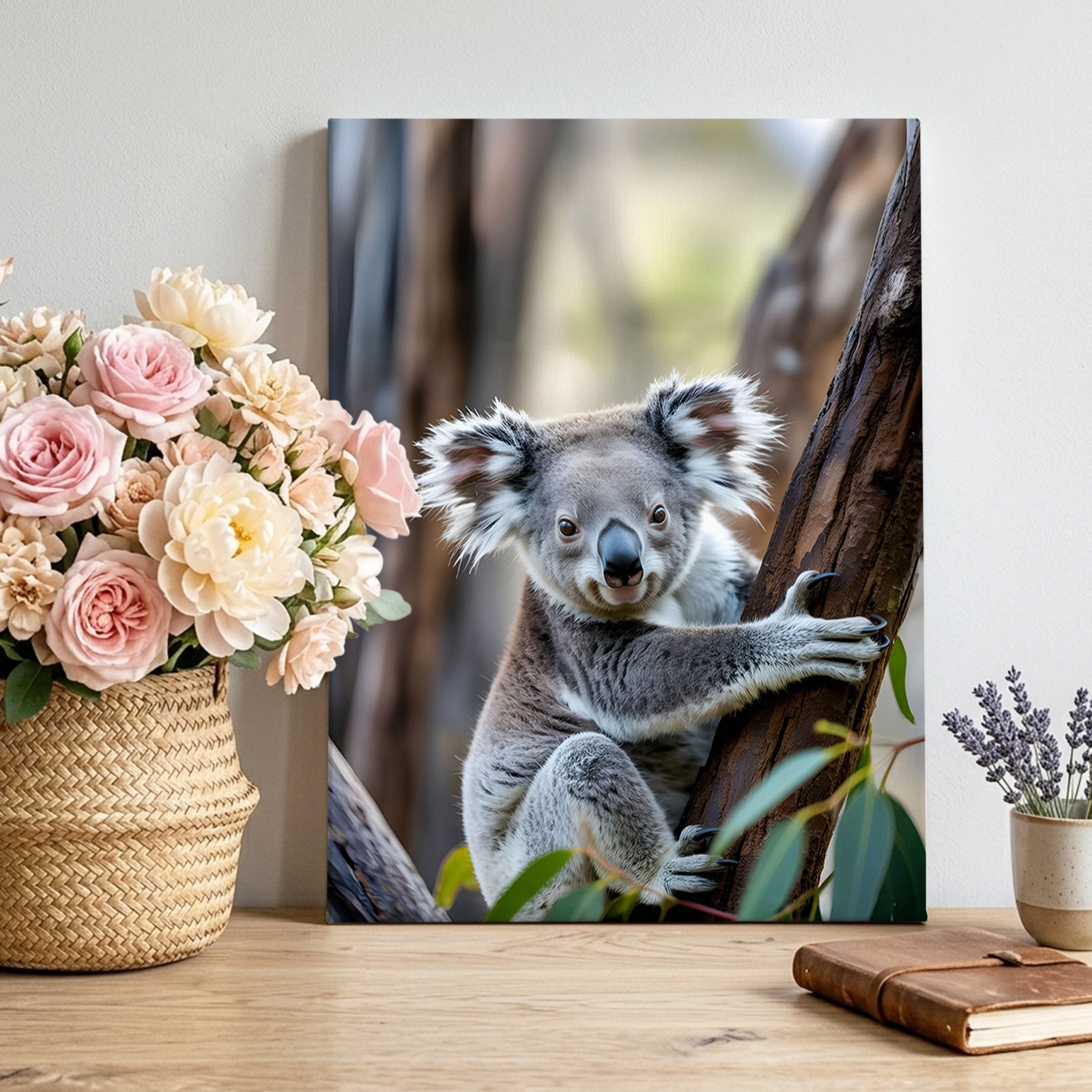Animals Cute Koala Canvas Wall Art, Brown Tree Green Leaf Nature Plant ...