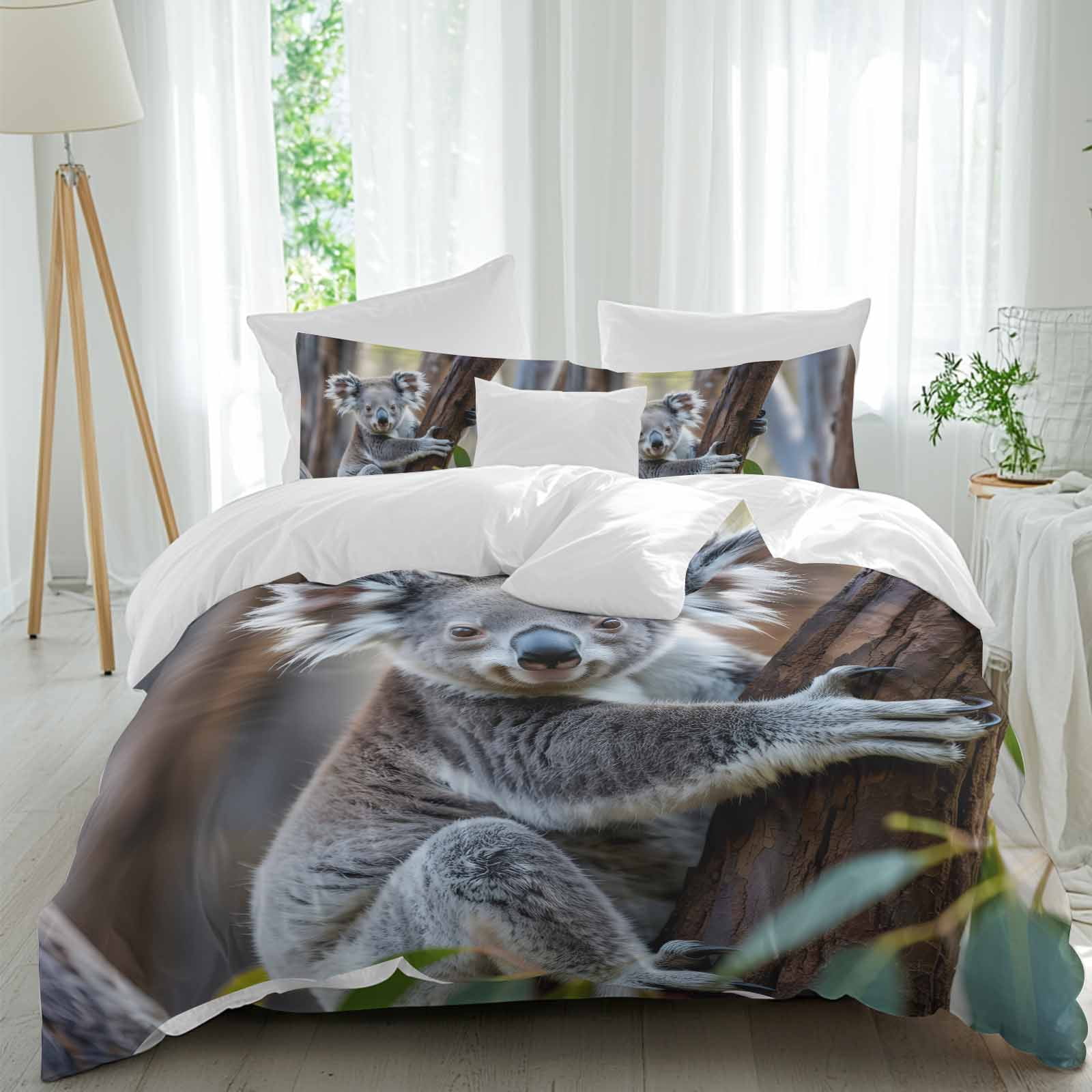 Animals Cute Koala Full Duvet Cover Set, Brown Tree Green Leaf Nature ...