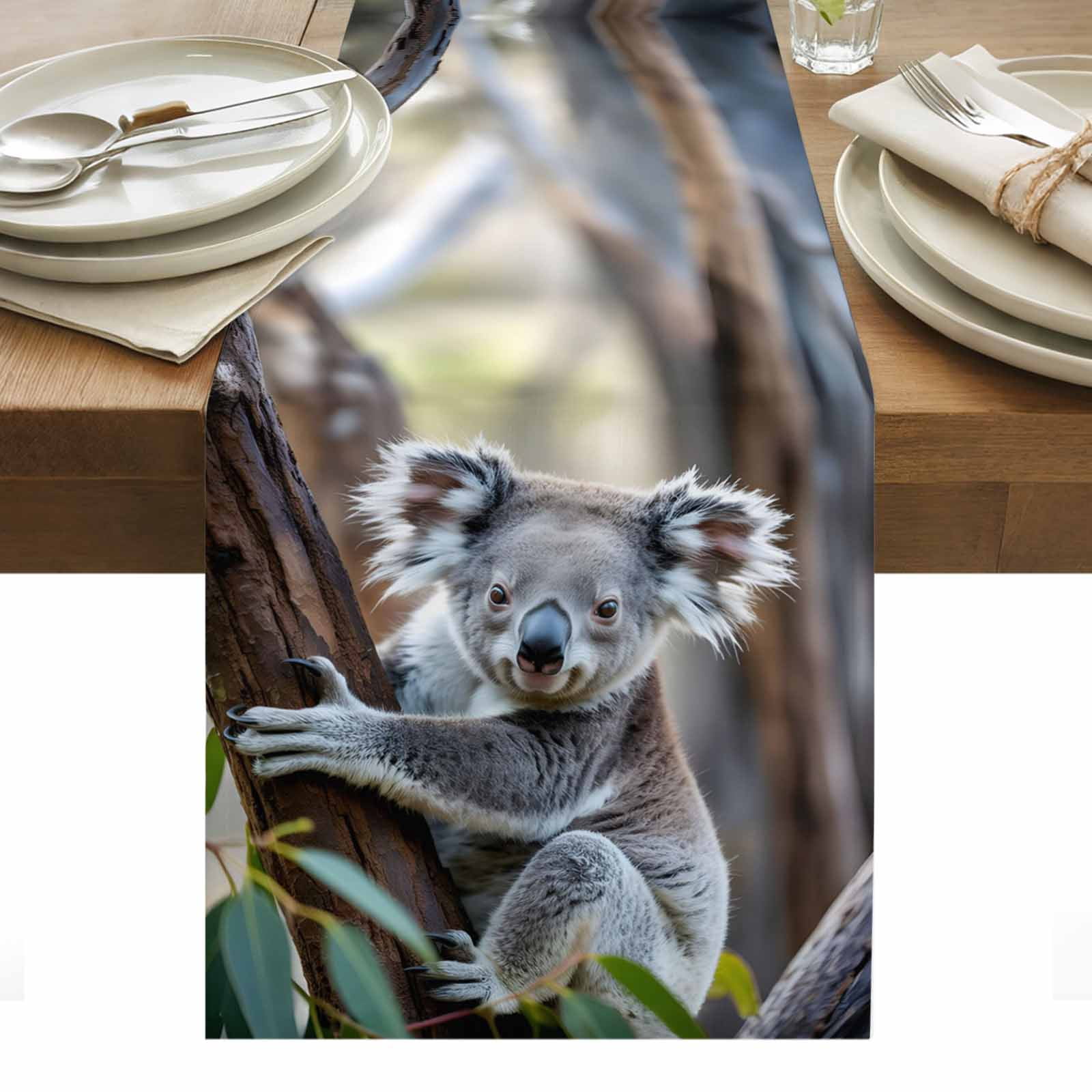 Animals Cute Koala Table Runner 13 x 70 Inch, Brown Tree Green Leaf ...