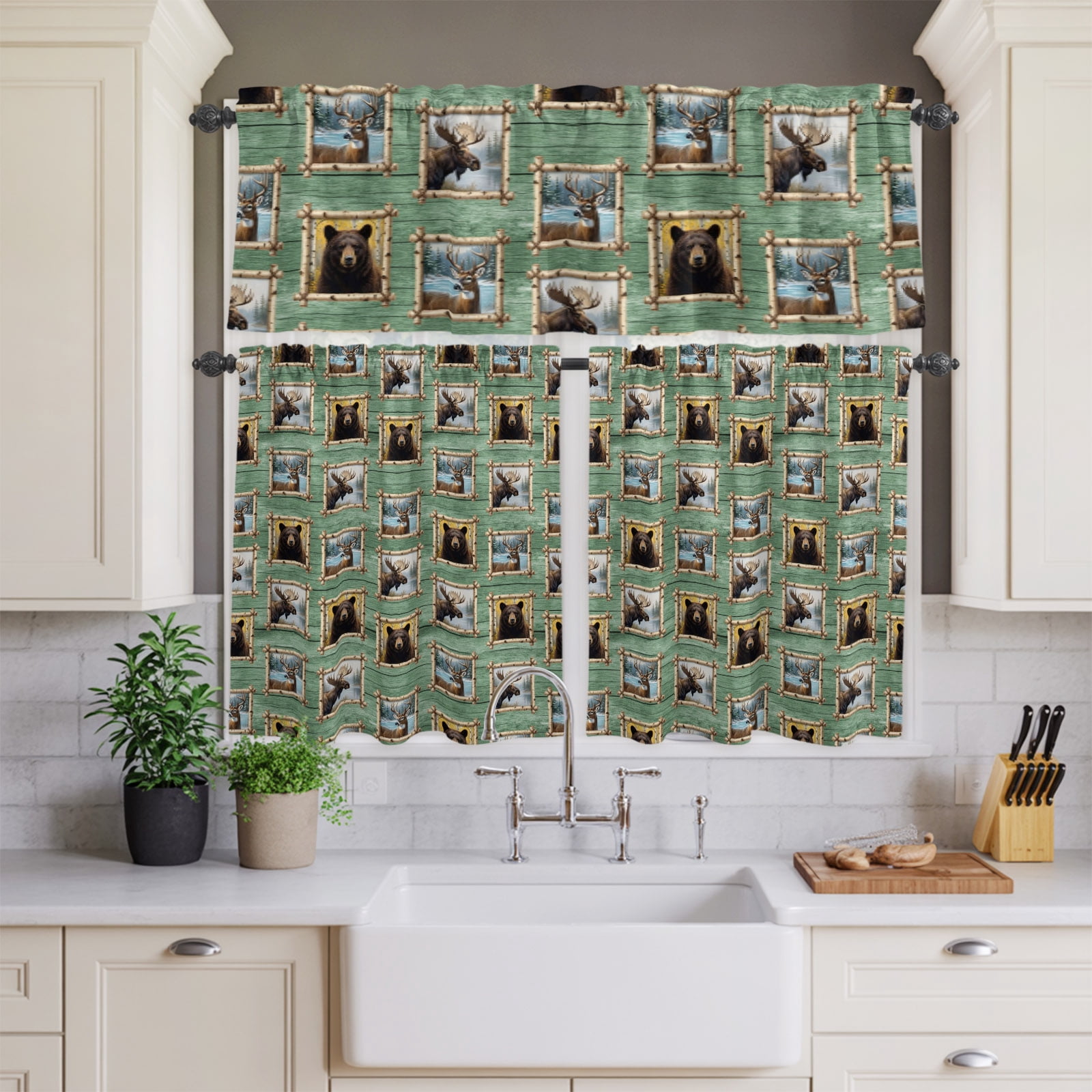 Animals Deer Bears in Frames Curtain Tier and Valance Set 3 Piece,Green ...