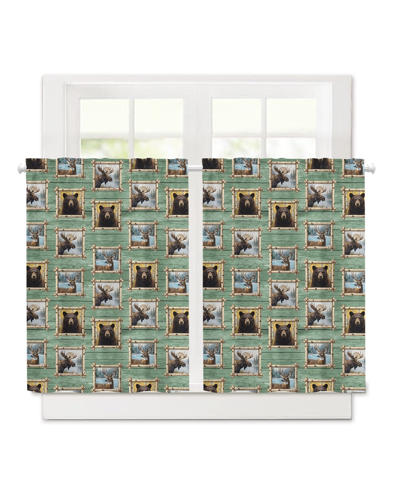 Animals Deer Bears in Frames Short Blackout Curtains 36 Inch Long,Green ...