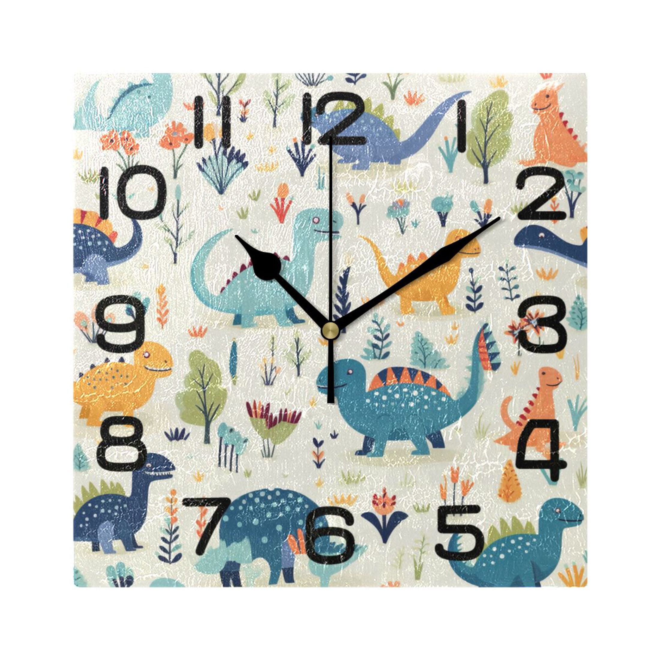 Animals Dinosaurs Wall Clock Square Silent Non-Ticking Battery Operated ...