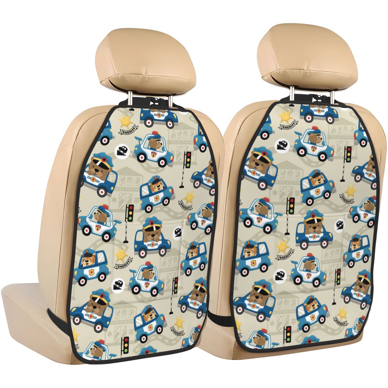 Animals Driving Police Car Backseat Car Organizer, 2 Pack Kick Mats ...