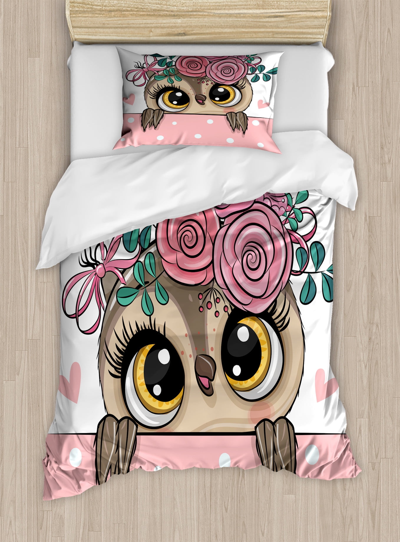 Animals Duvet Cover Set, Cartoon Owls with Flowers on Ladybird and ...