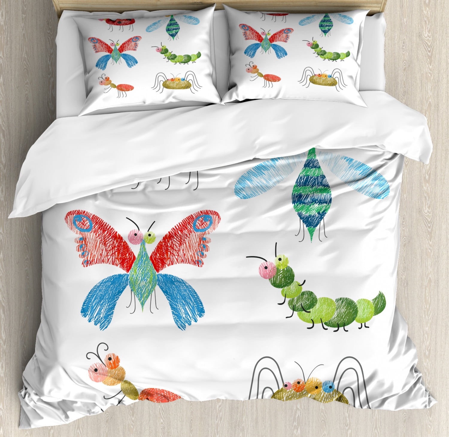 Animals Duvet Cover Set Queen Size, Hand Drawn Bugs with Pencil Marks ...