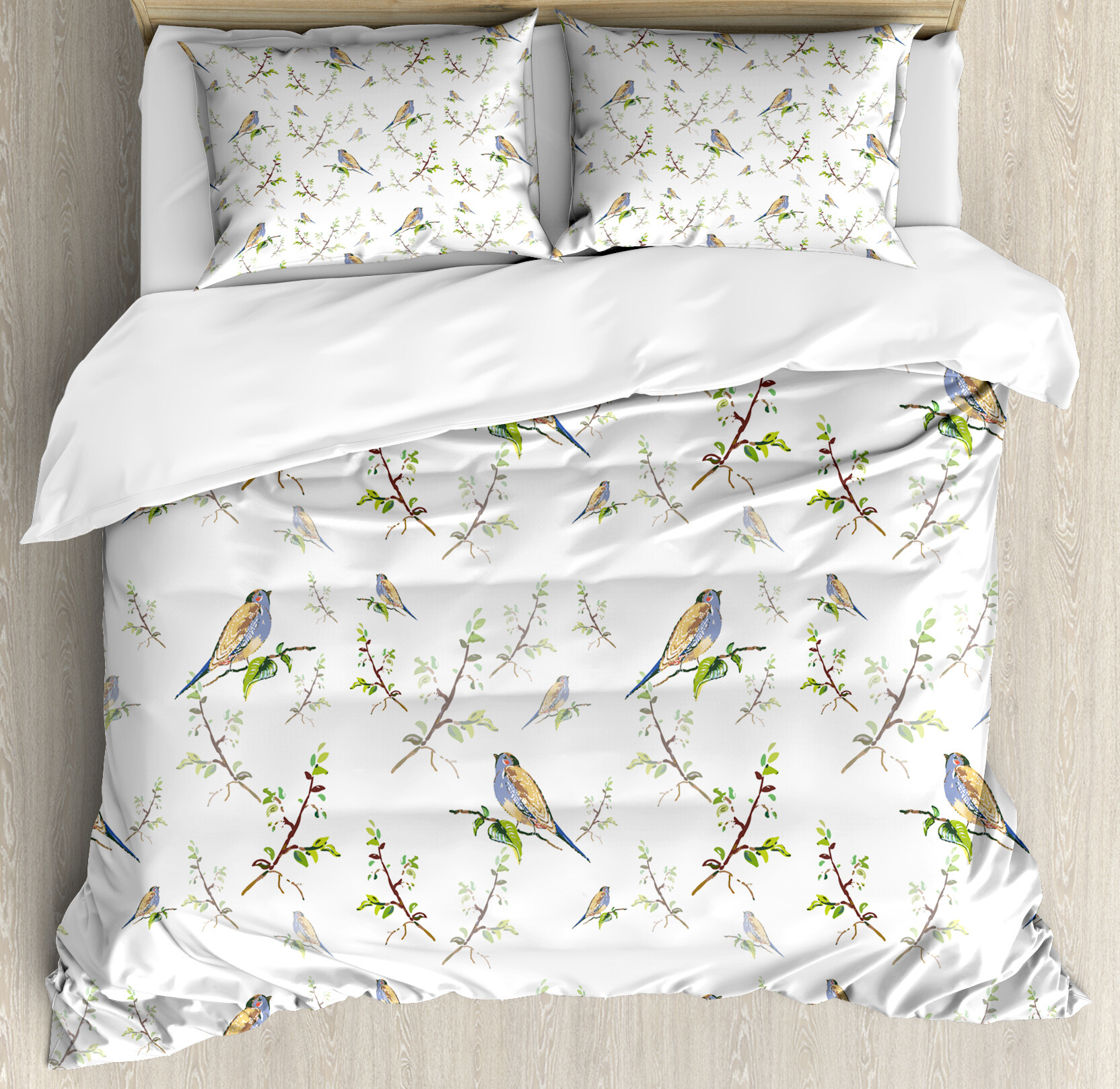 Animals Duvet Cover Set, Spring Theme Birds Settled on Branches Leafs ...
