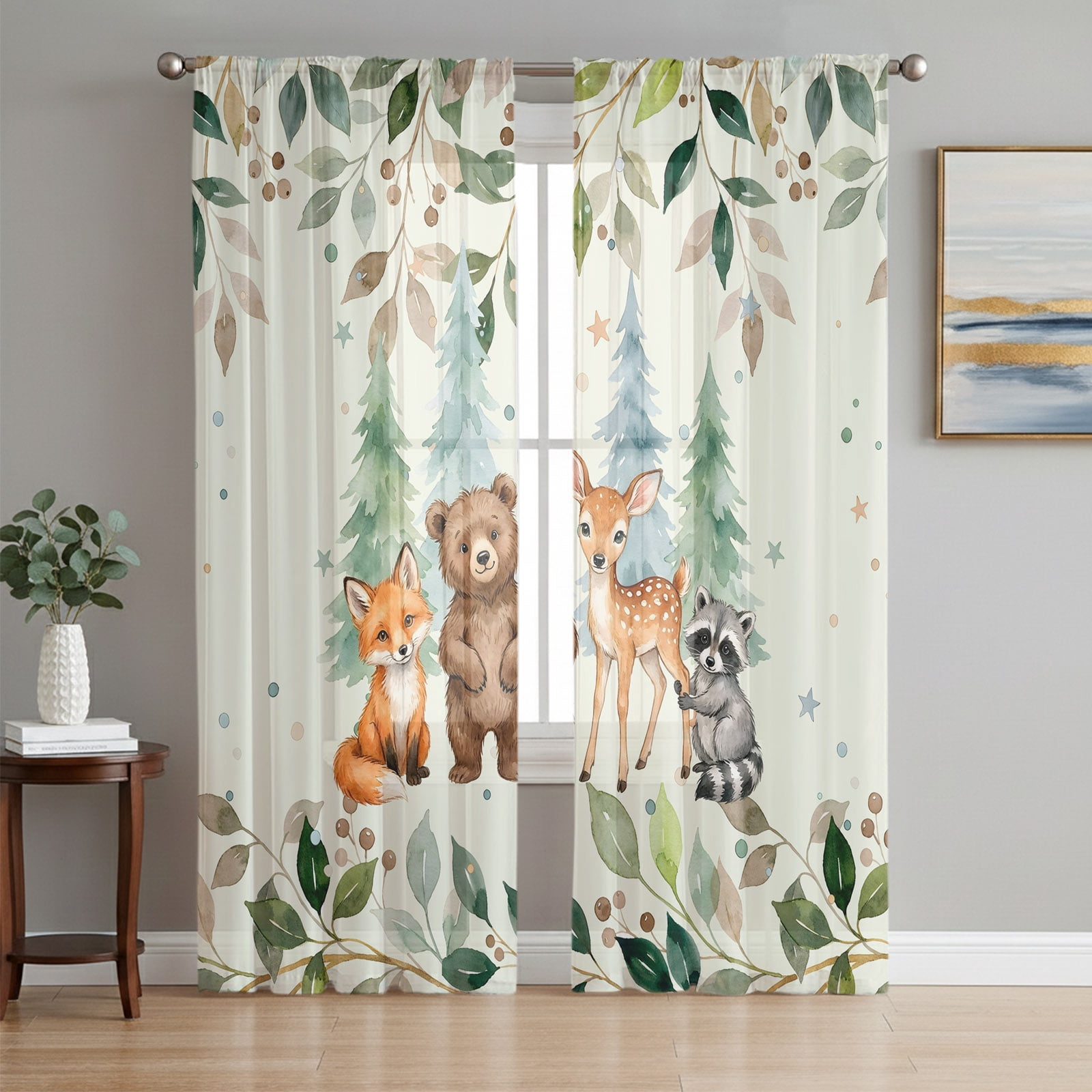 Animals Eucalyptus Leaves Sheer Curtains for Living Room Bedroom Green ...