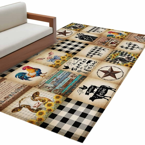 Animals Farmhouse 3'x5' Washable Rug, Vintage Farm Country Star Brown ...