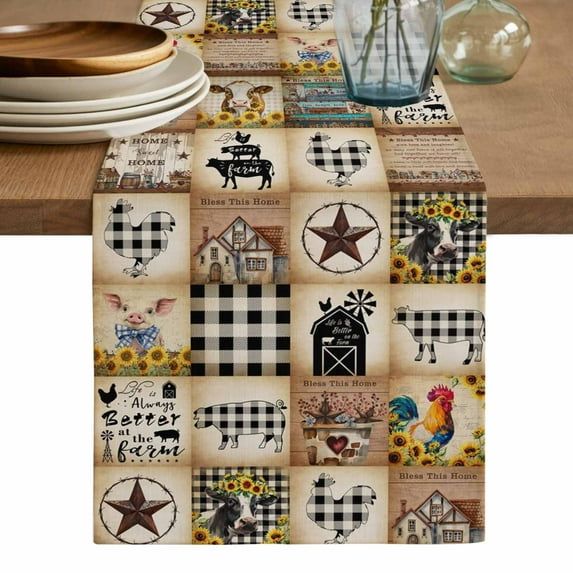 Animals Farmhouse Table Runner, Vintage Farm Country Star Brown Plaid ...