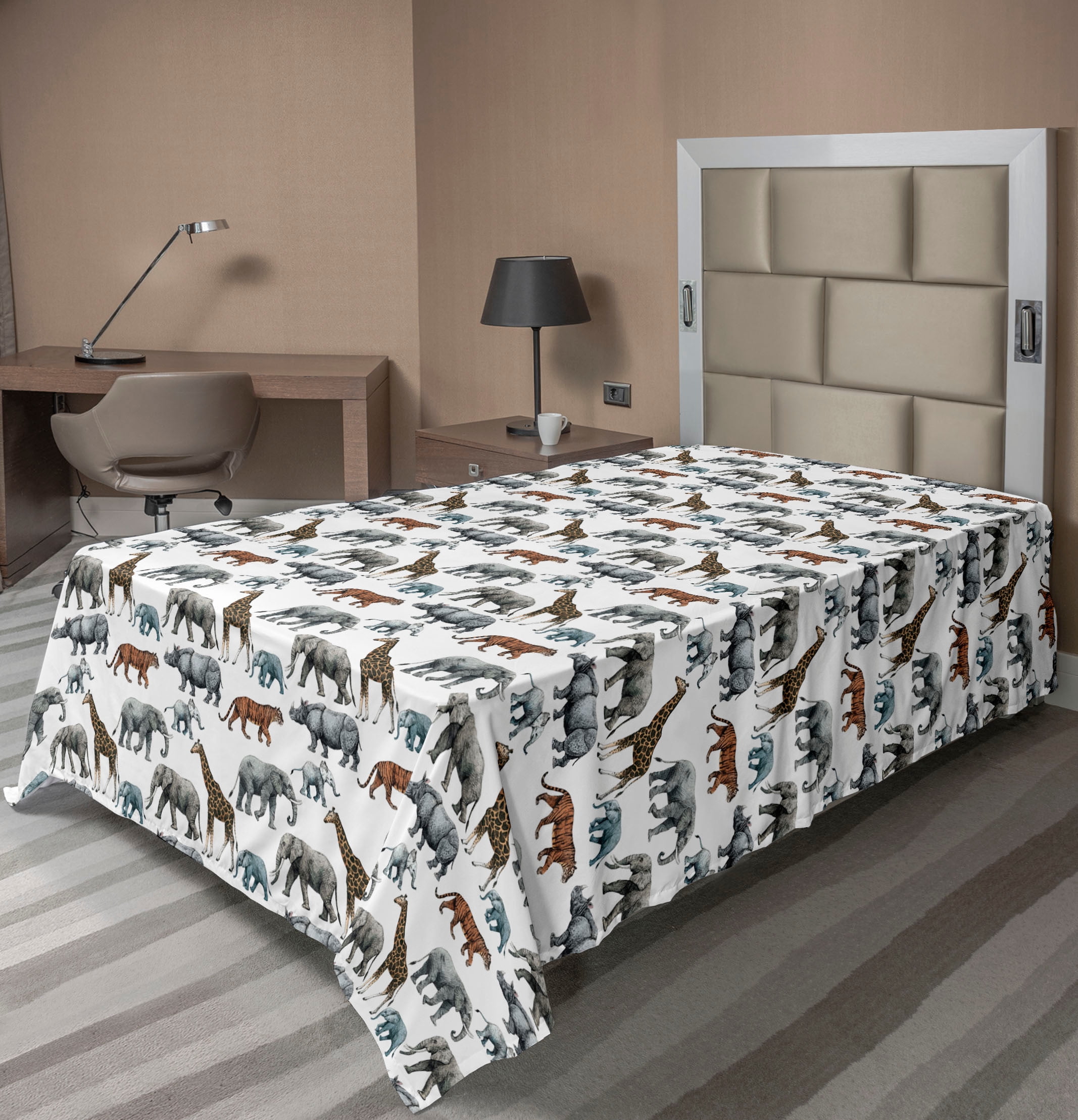 Ambesonne Animals Flat Bedding Sheet Soft Top Sheet, Tiger Hippo ...