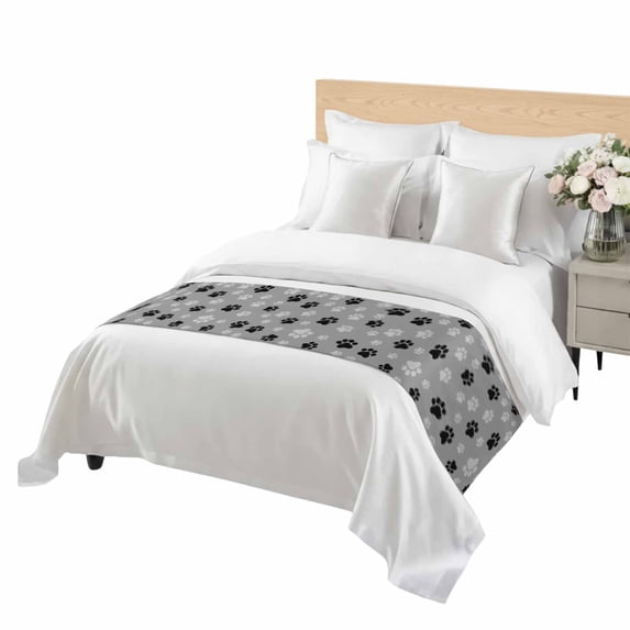 Animals Footprints Bed Runner Twin Size Black Dogs Paws Pattern Gray ...