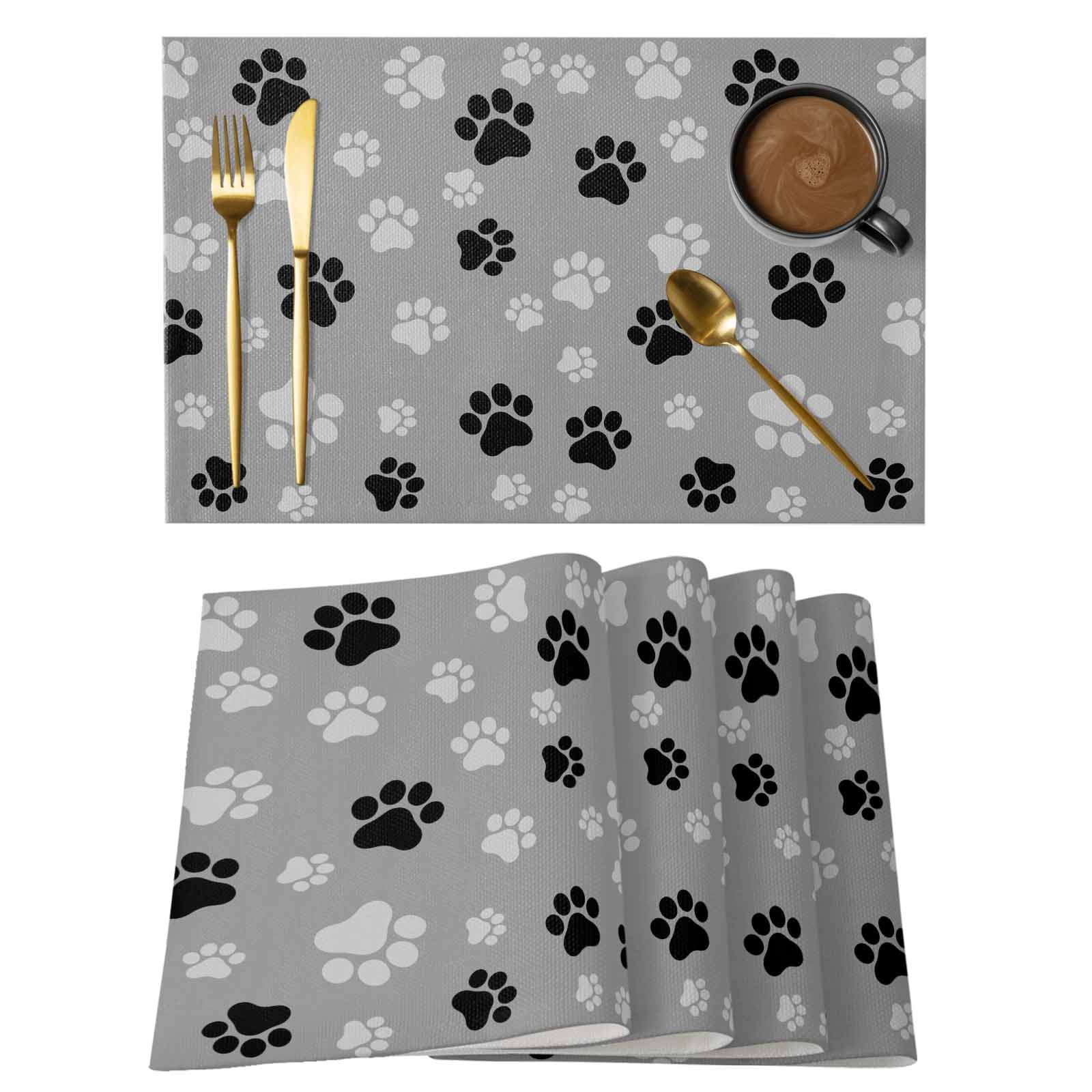 Animals Footprints Cotton Linen Placemats Set of 8, Black Dogs Paws ...