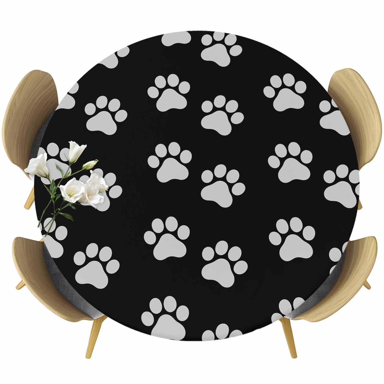 Animals Footprints Round Fitted Tablecloth with Elastic Edge, Dogs Paws ...