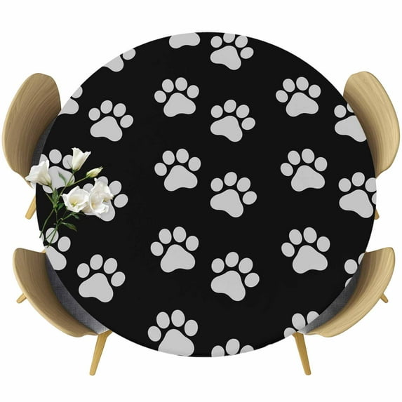 Animals Footprints Round Fitted Tablecloth with Elastic Edge, Dogs Paws ...
