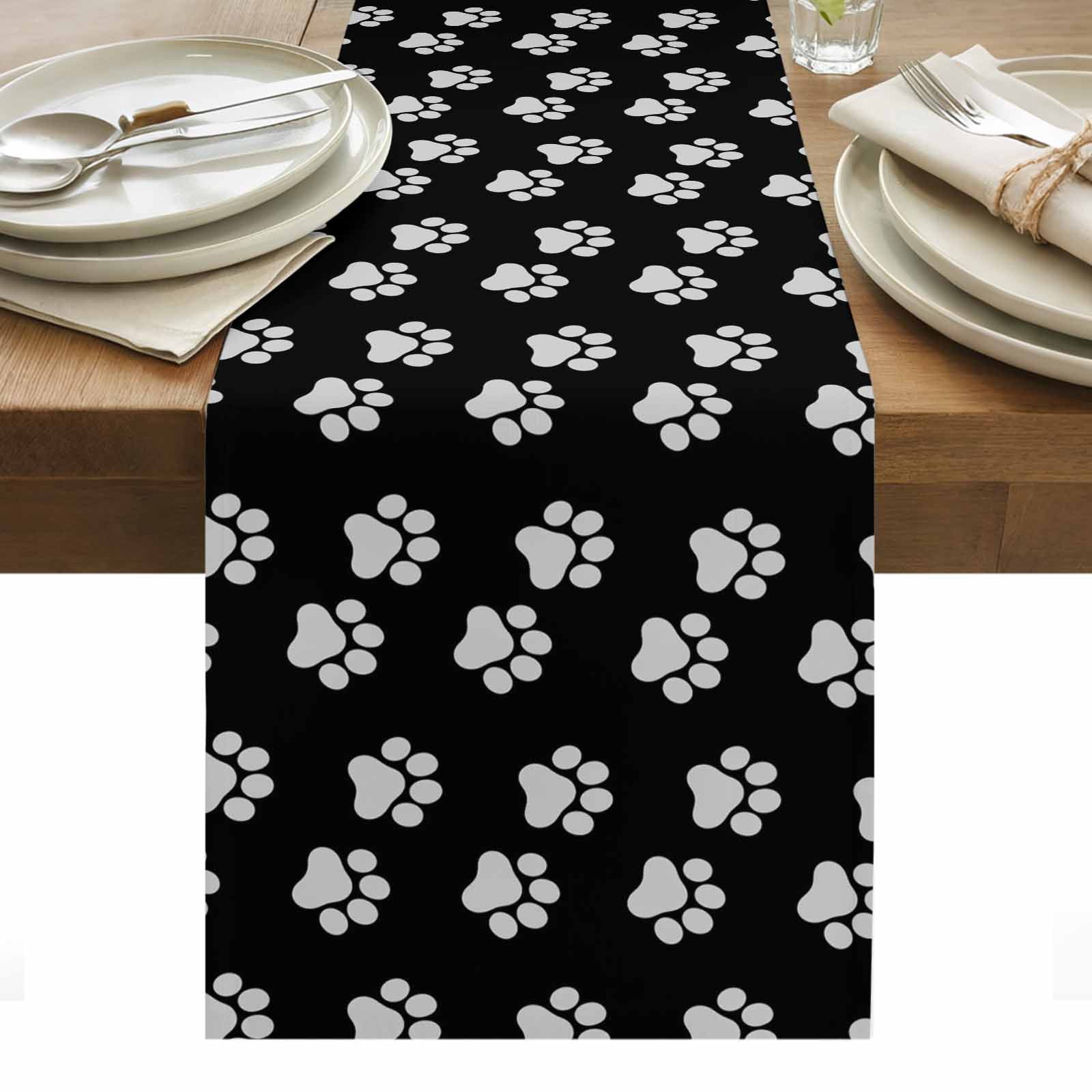 Animals Footprints Table Runner 13 x 120 Inch, Dogs Paws Pattern Black ...