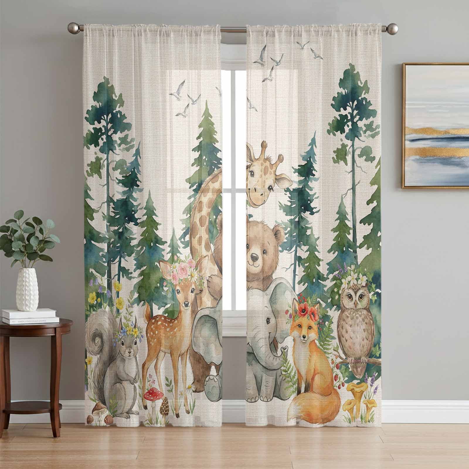 Animals Forest Sheer Curtains for Living Room Bedroom Watercolor Summer ...