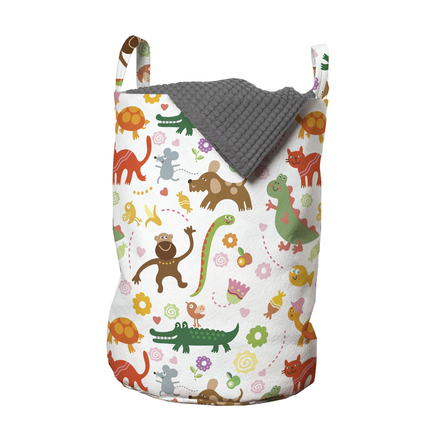 Animals Laundry Bag, Jolly Cartoon Animals Colorful Flowers and Hearts ...