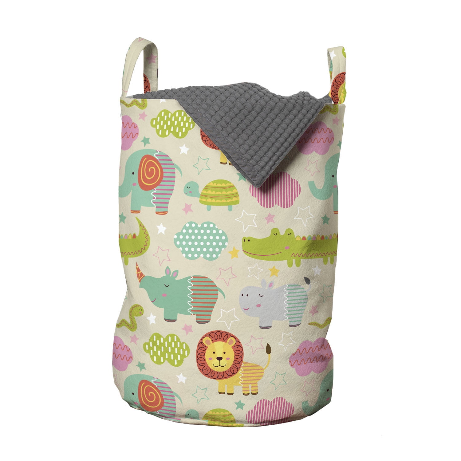 Animals Laundry Bag, Nursery Themed Zoo Animals Baby Lion Cub Hippo and ...
