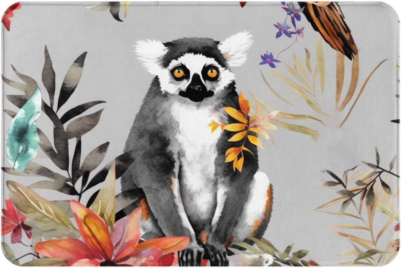 Animals Lemur Flowers Pattern Print Bathroom Rugs Absorbent Microfiber ...