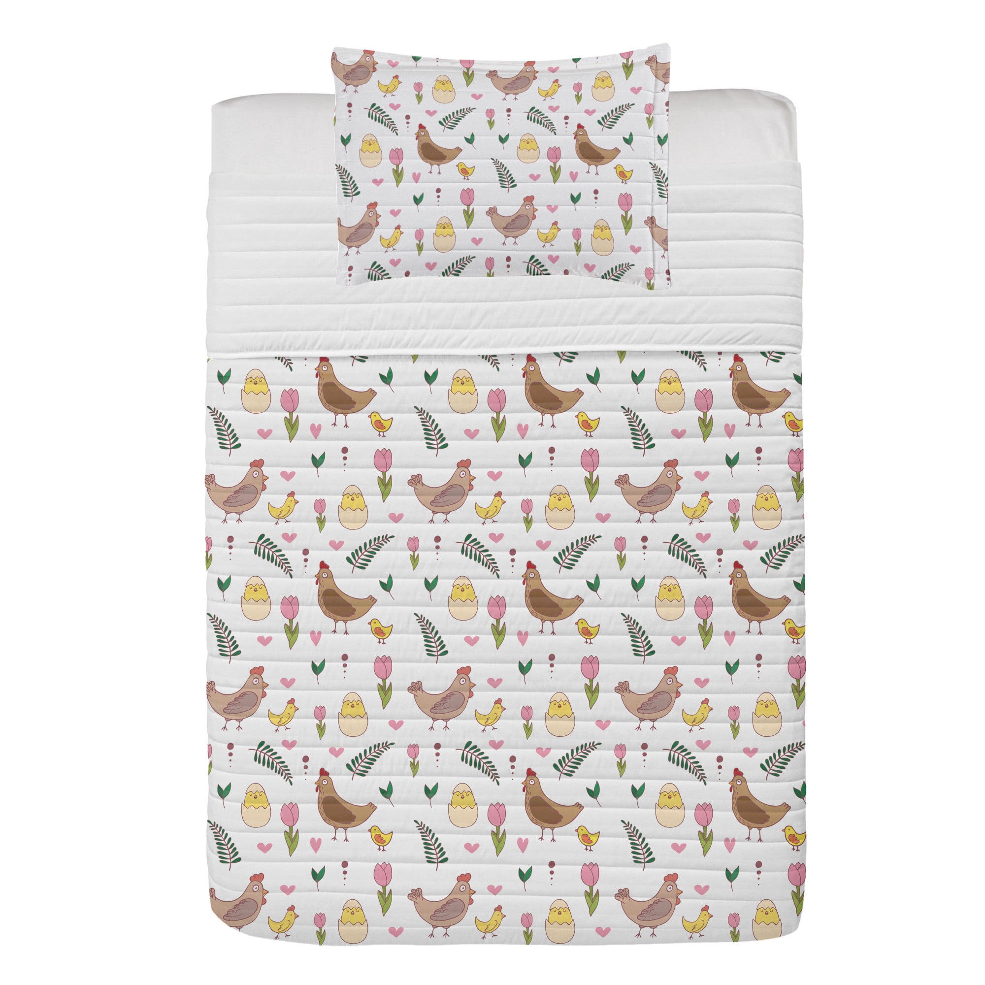 Animals Microfiber Bedspread Set, Pattern Chickens Hatching Flowers and ...