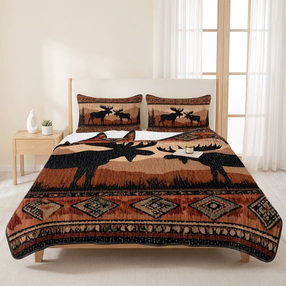Animals Moose Silhouettes 3 Pieces Quilt Set,1 Quilt with 2 Shams,Retro ...
