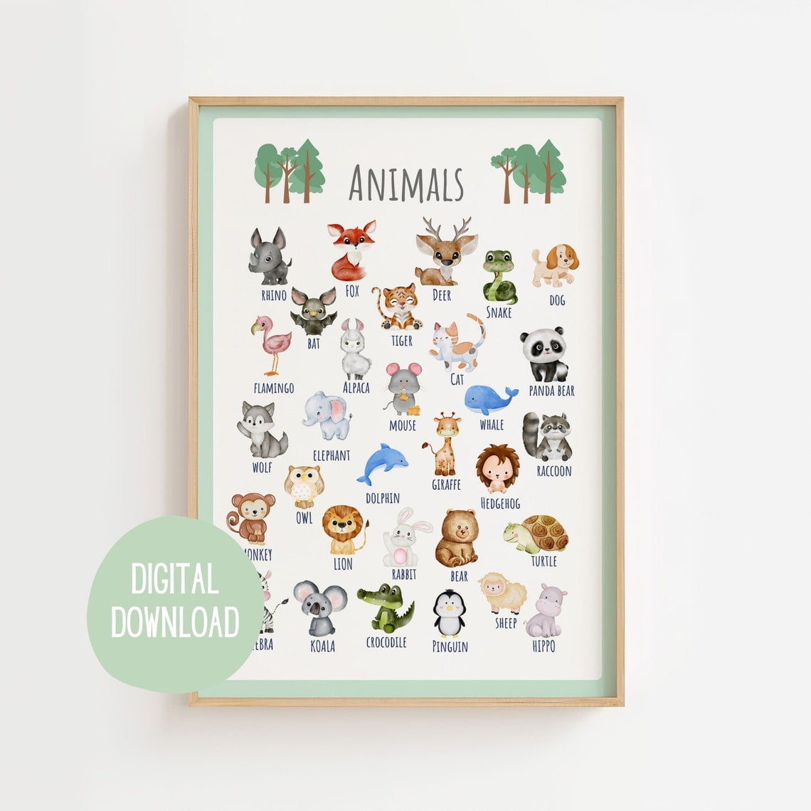 Animals Poster, Watercolor Animals, Educational Poster, Nursery Room ...