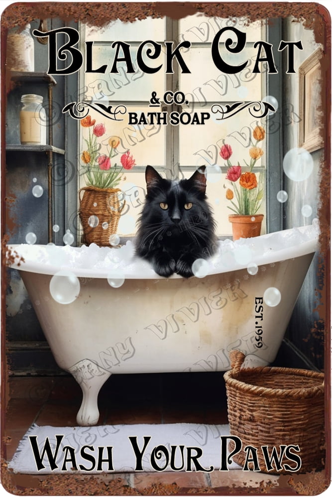 Animals Prints Wall Decor A Cute Black Cat in Bath Pictures Posters ...