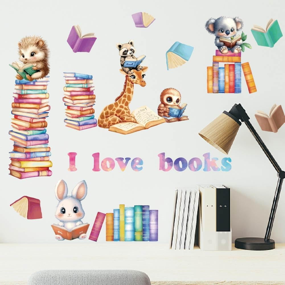 Animals Reading Books Wall Stickers Colorful Wall Decals Self Adhesive ...
