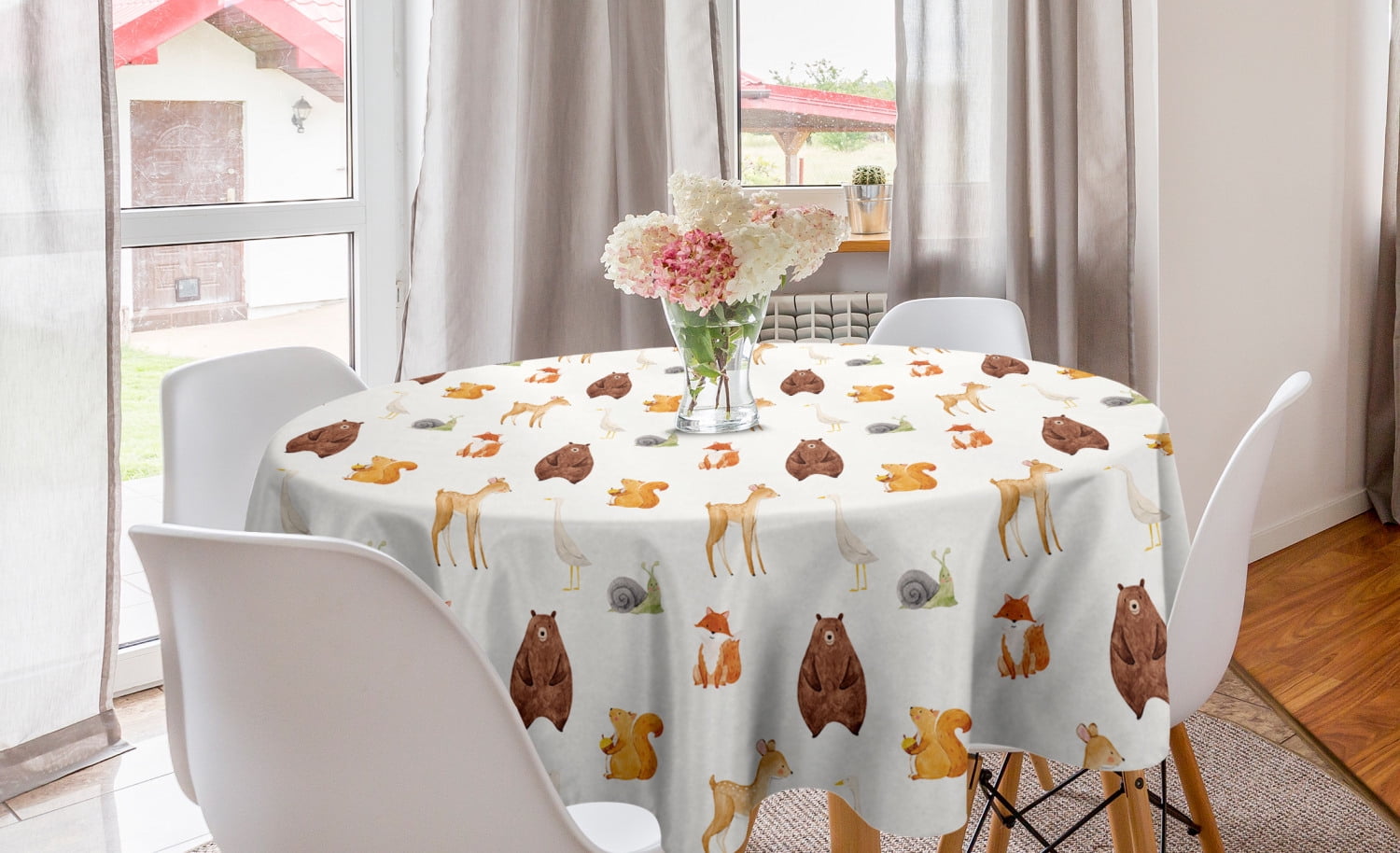 Animals Round Tablecloth, Baby Animals Watercolor Illustration Friendly ...