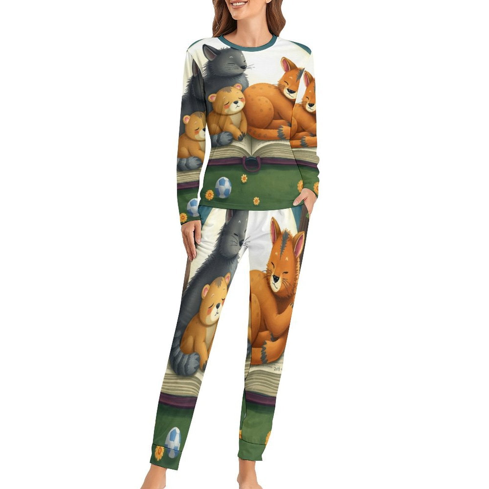 Animals Sleeping Book Pajamas Woman Two Piece Design Long Sleeves ...