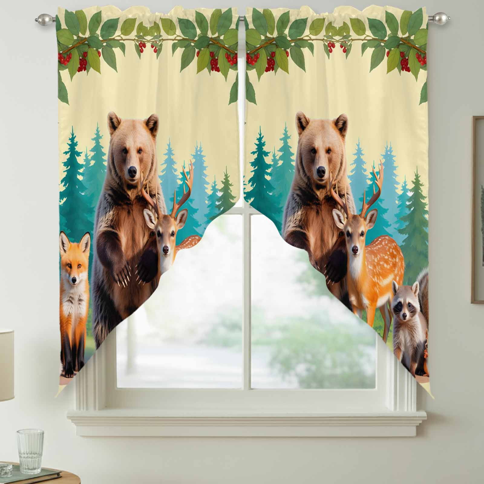 Animals Swag Kitchen Curtain Valances, Forest Bear Fox Deer Raccoon ...