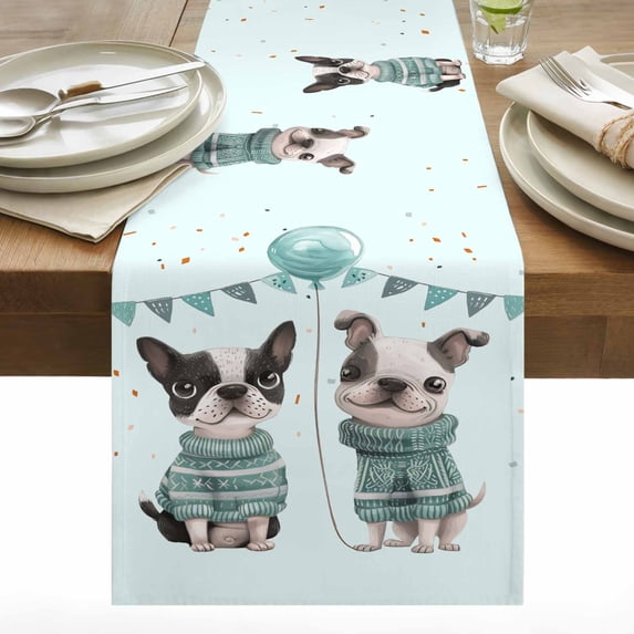 Animals Table Runner 13x90 inch Pets Dogs Balloons Flags Sweaters Mint ...