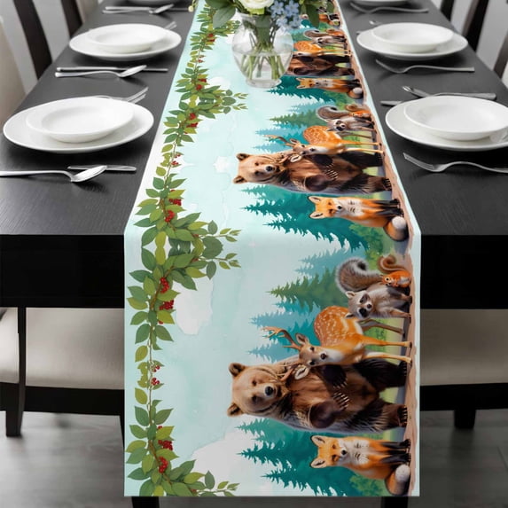 Animals Table Runner, Forest Bear Fox Deer Raccoon Squirrel Leaf Branch ...