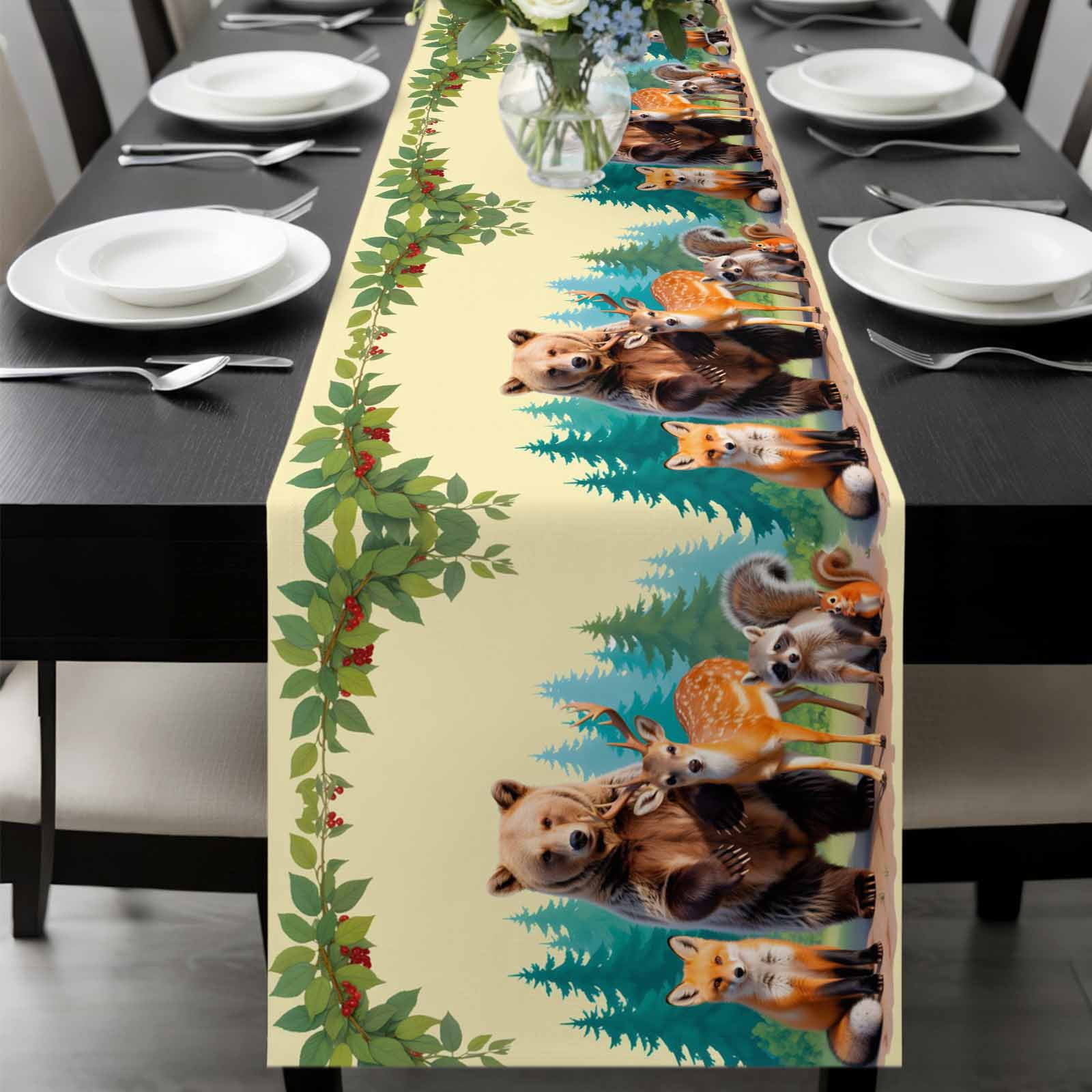 Animals Table Runner, Forest Bear Fox Deer Raccoon Squirrel Leaf Branch ...