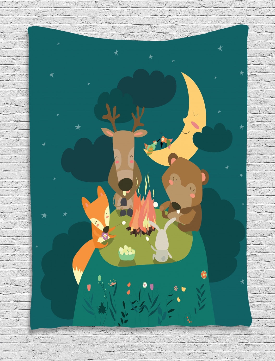Animals Tapestry, Animals Resting around Bonfire Fox Reindeer Birds ...