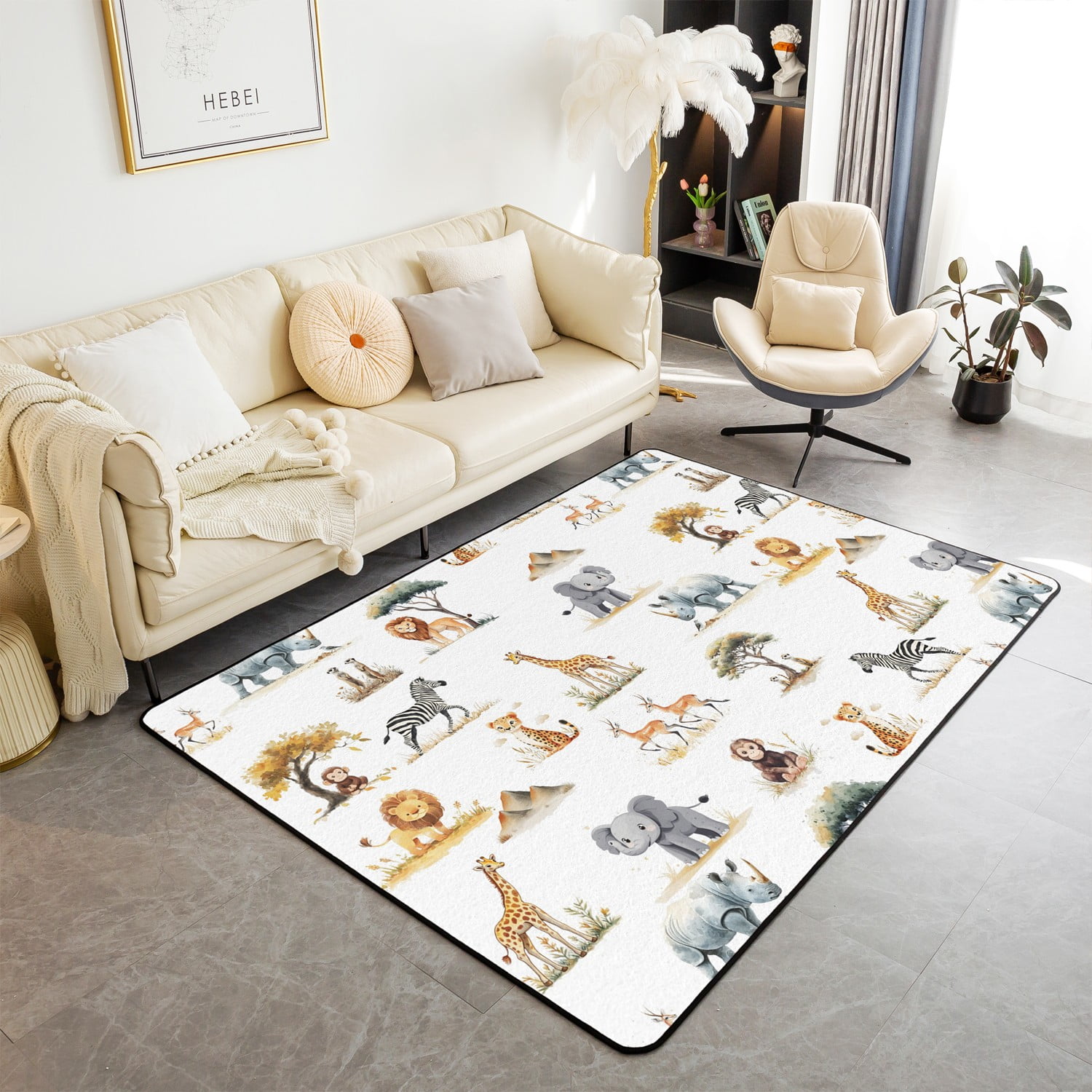 Animals Theme Kids Area Rug,Elephant Lion Cheetah Zebra Giraffe Monkey ...