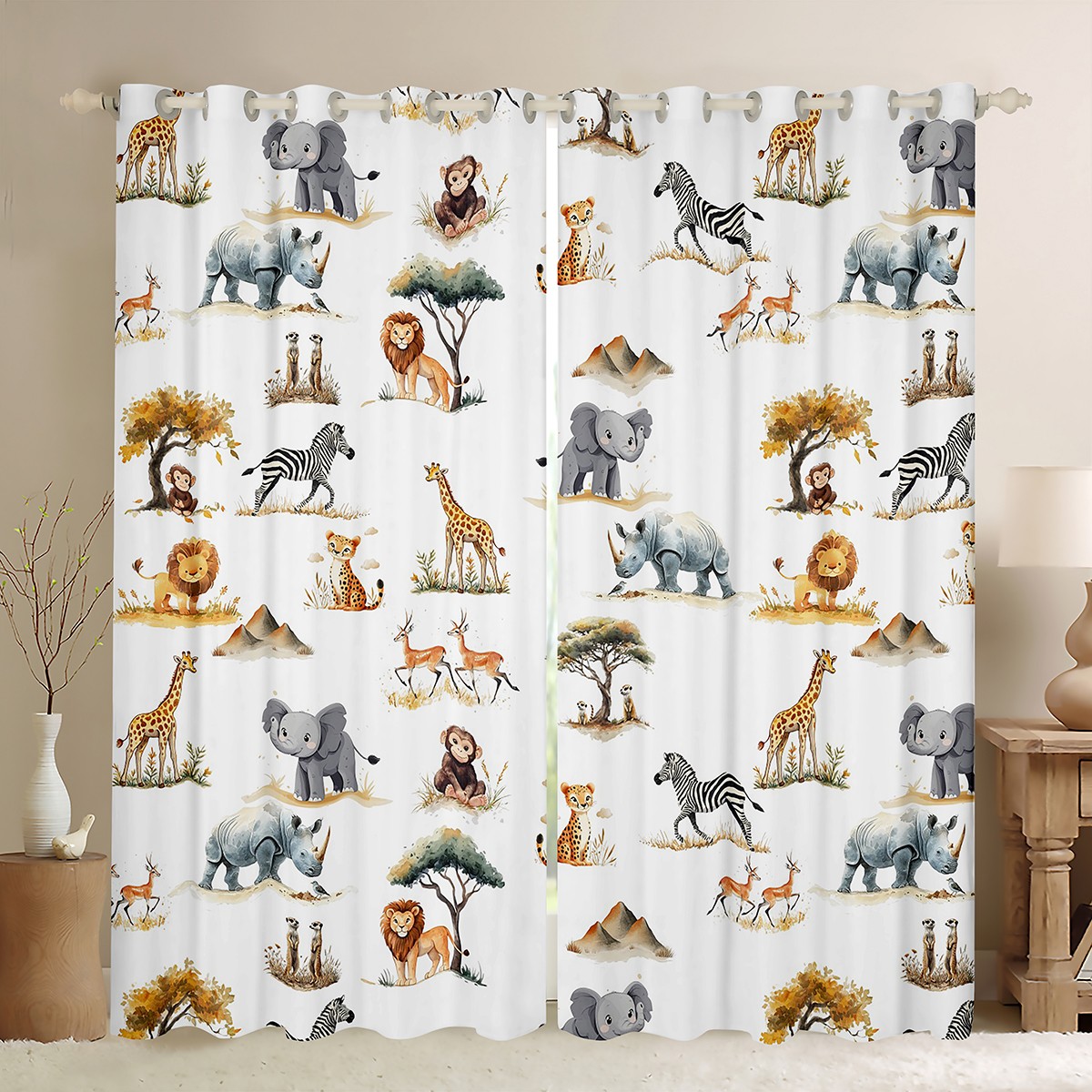 Animals Theme Window Curtains,Elephant Lion Cheetah Zebra Giraffe ...