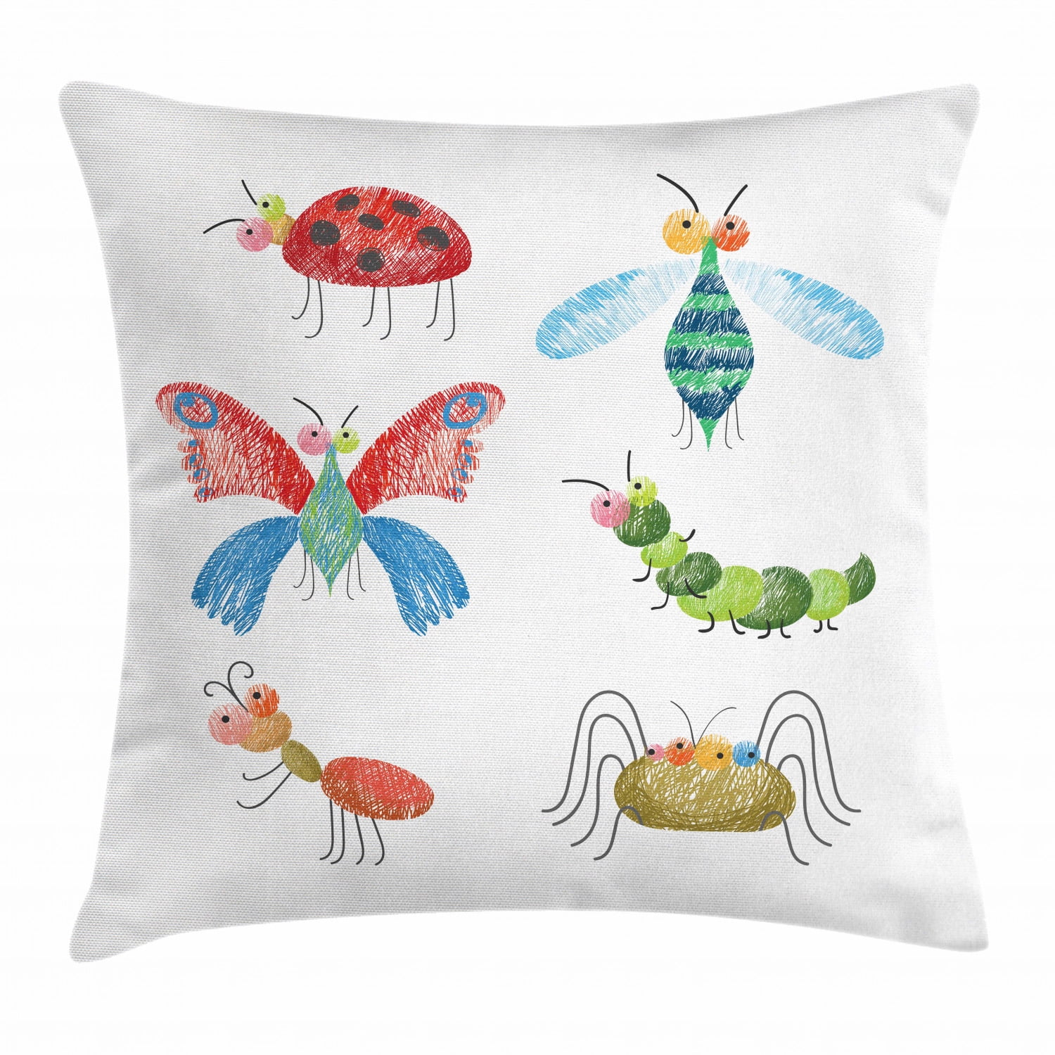 Animals Throw Pillow Cushion Cover, Hand Drawn Bugs with Pencil Marks ...
