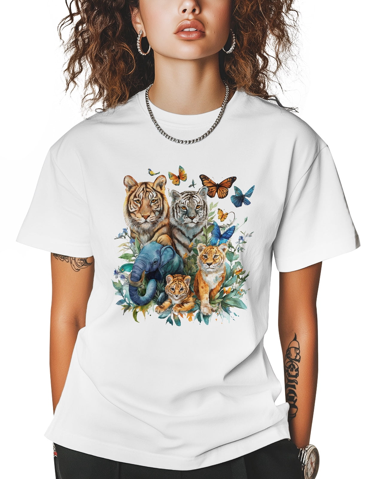 Animals Tiger Elephant Butterfly T Shirts for Women Short Sleeve Cotton ...
