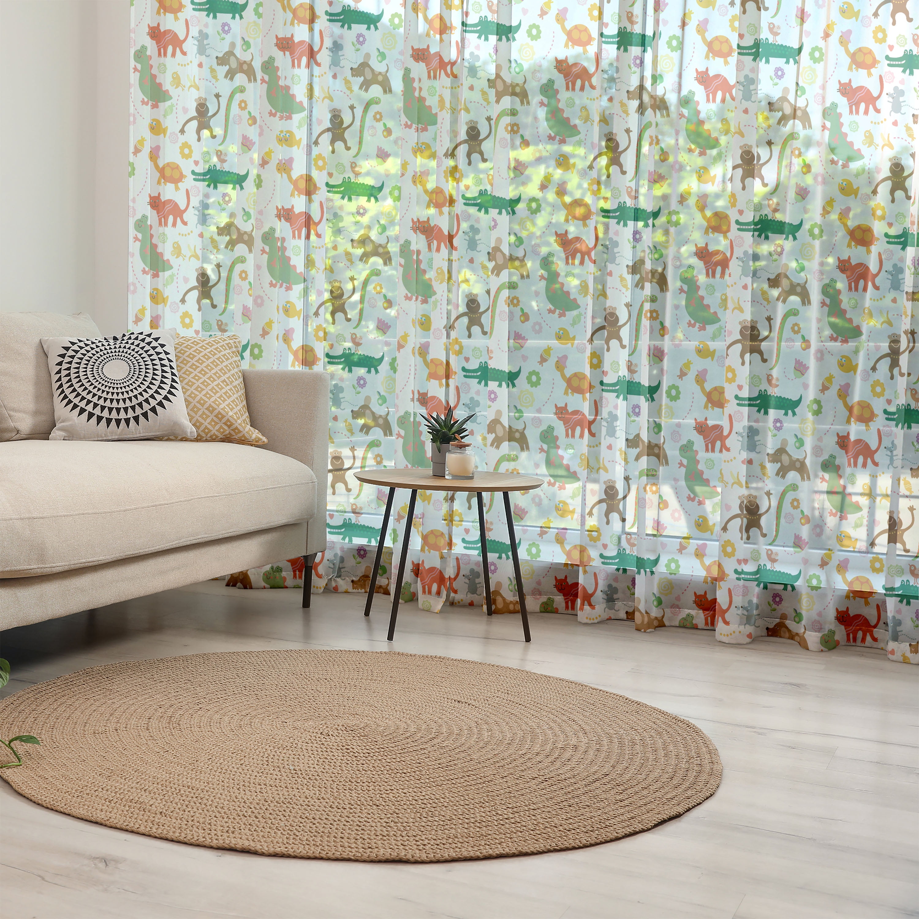 Animals Tulle Curtains with Rod Pocket, Jolly Cartoon Animals Colorful ...